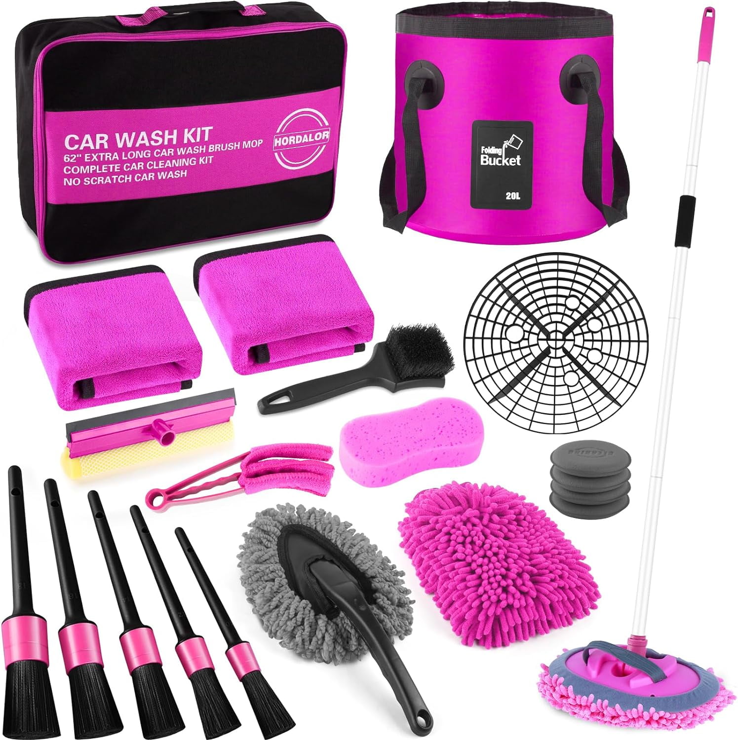 21Pcs Car Wash Kit,62" Car Wash Brush Mop with Long Handle,Pink Car ...