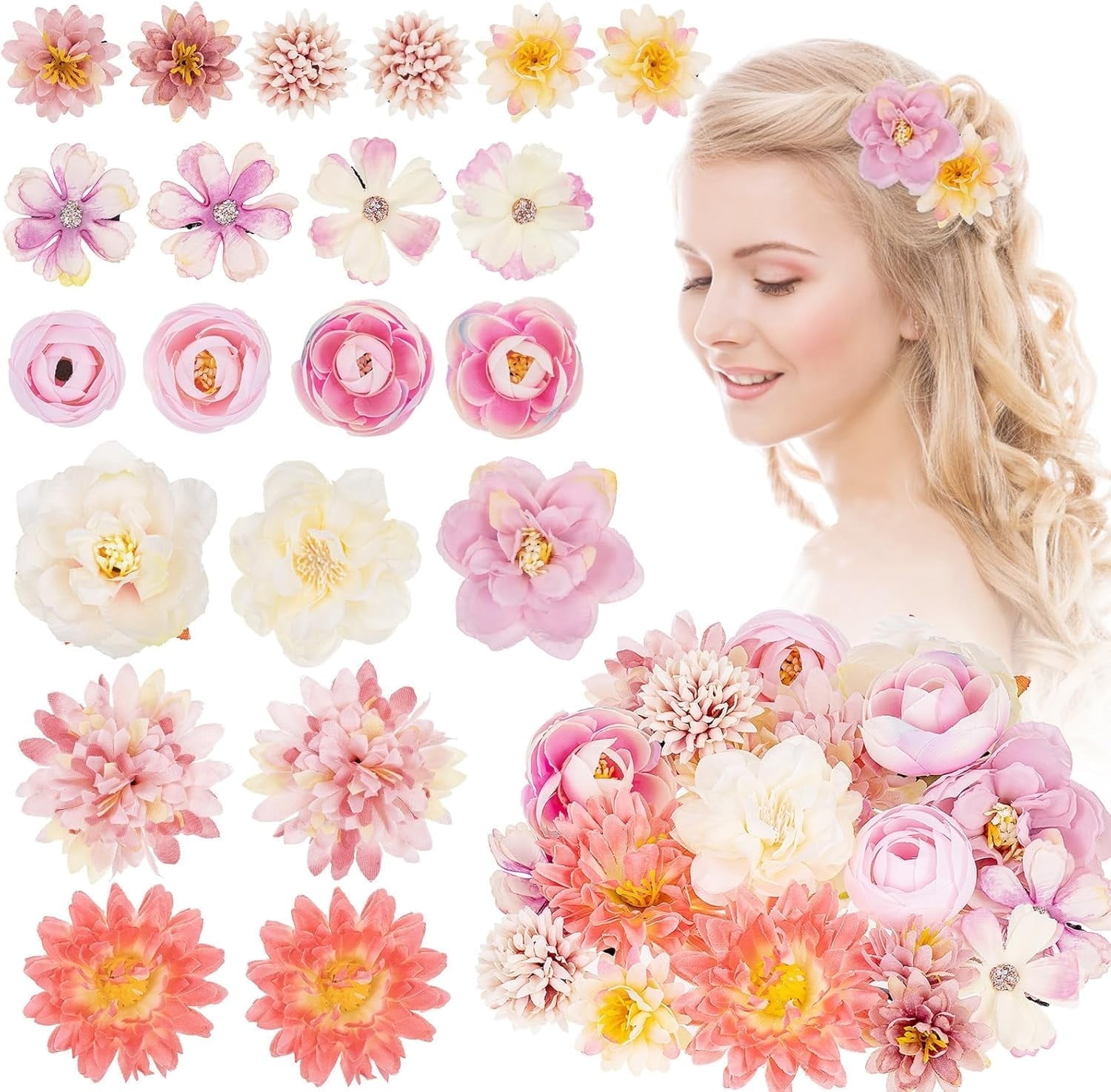 VETPW, 21PCS Silk Flower Hair Clips, Handmade Boho Floral Hair ...