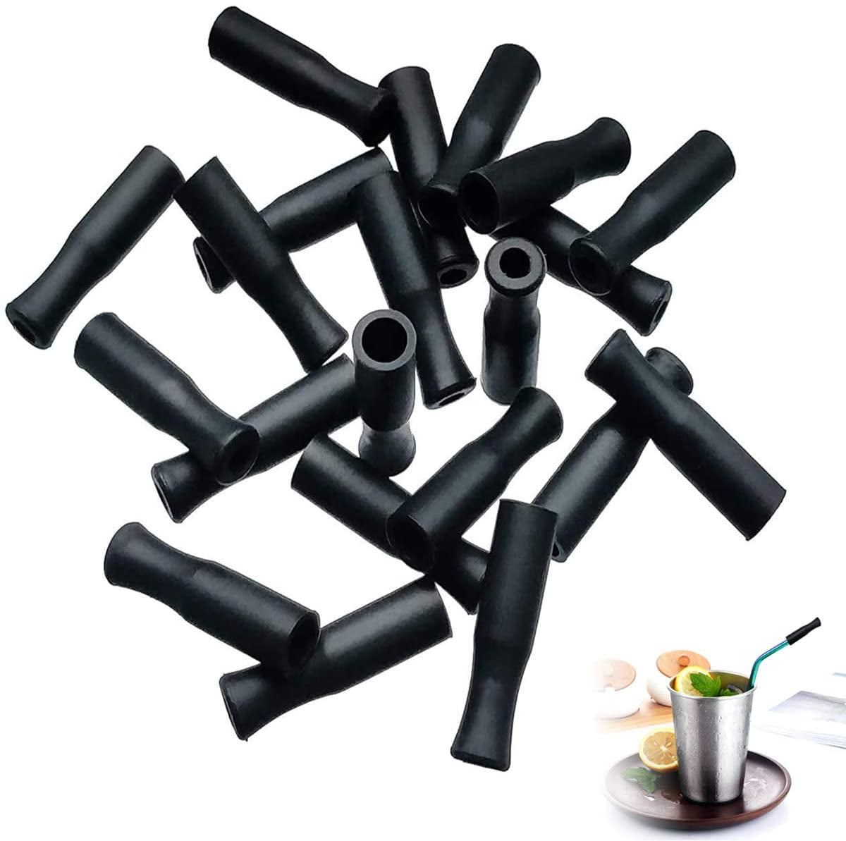 21Pcs Reusable Silicone Straw Tips, Stainless Straw Tips, Black Food ...
