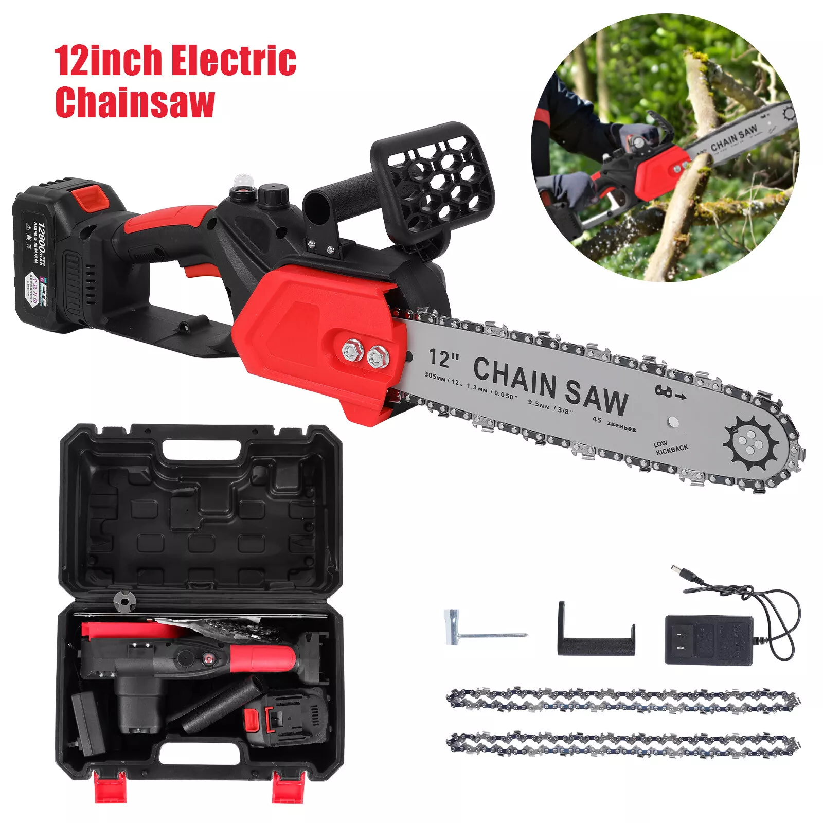21V 12" Electric Cordless Chainsaw Cordless Compact Chainsaw with 3.0Ah ...