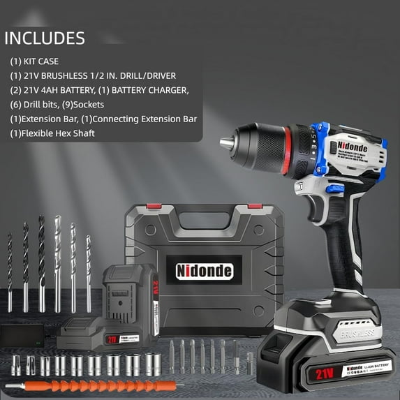 21V Brushless Cordless Drill Set – Max Torque 55Nm, 0-1550RPM Variable ...