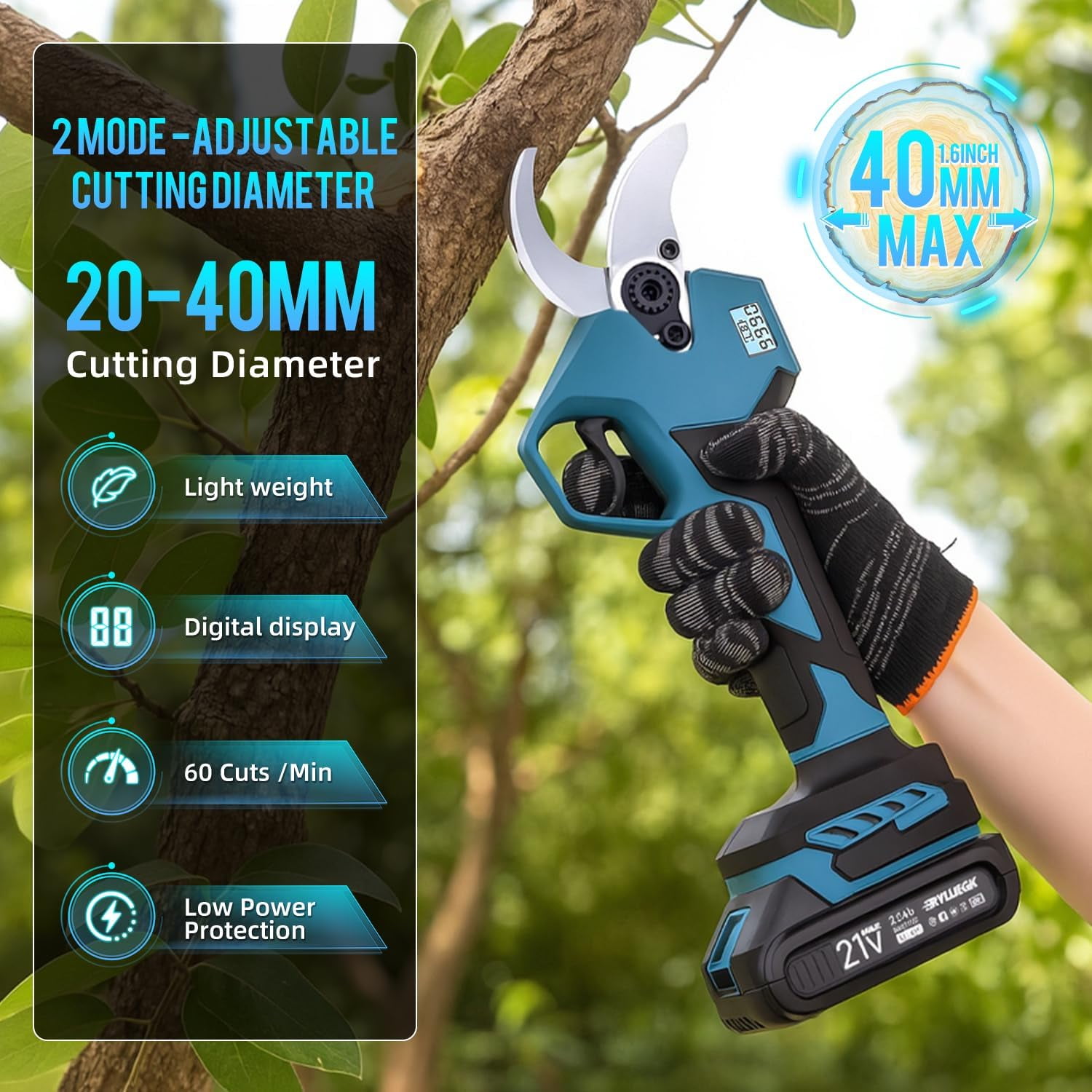 21V Brushless Electric Pruning Shears, 1.6-Inch Cutting Cordless Power ...