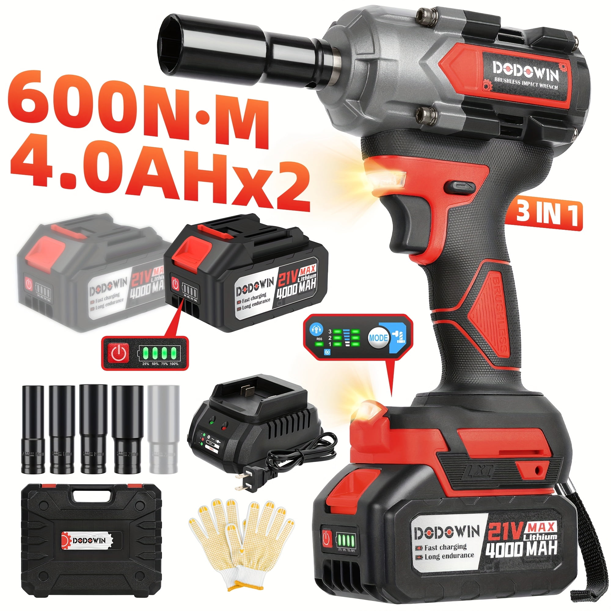 21V Brushless Impact Wrench & Wireless Drill Set, 2×4.0Ah Batteries ...