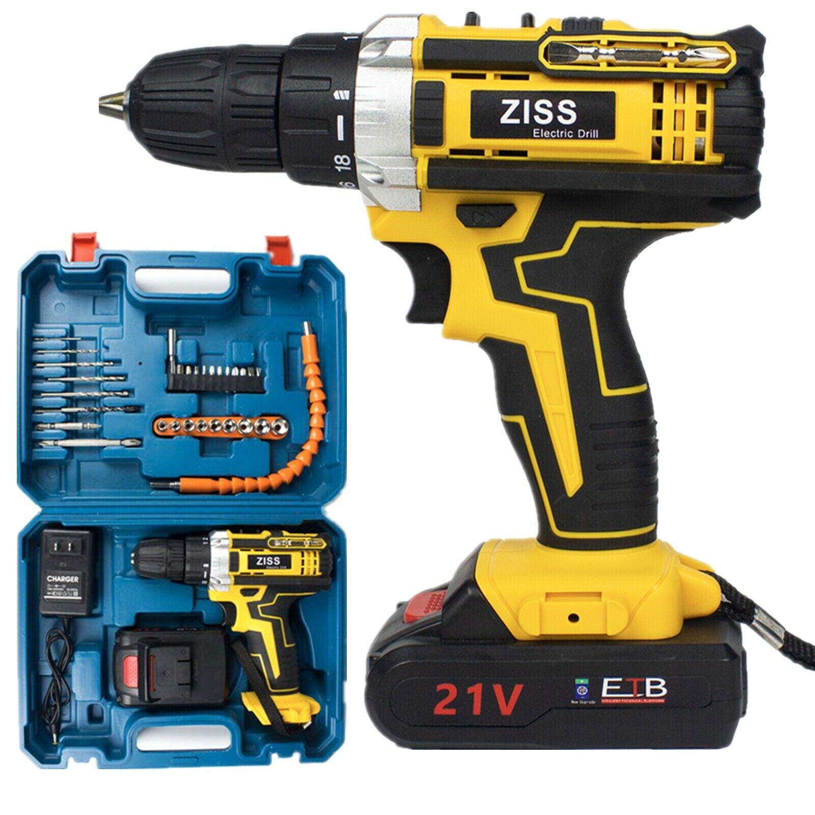 21V Power Handheld Electric Drill Set: Rechargeable Cordless ...