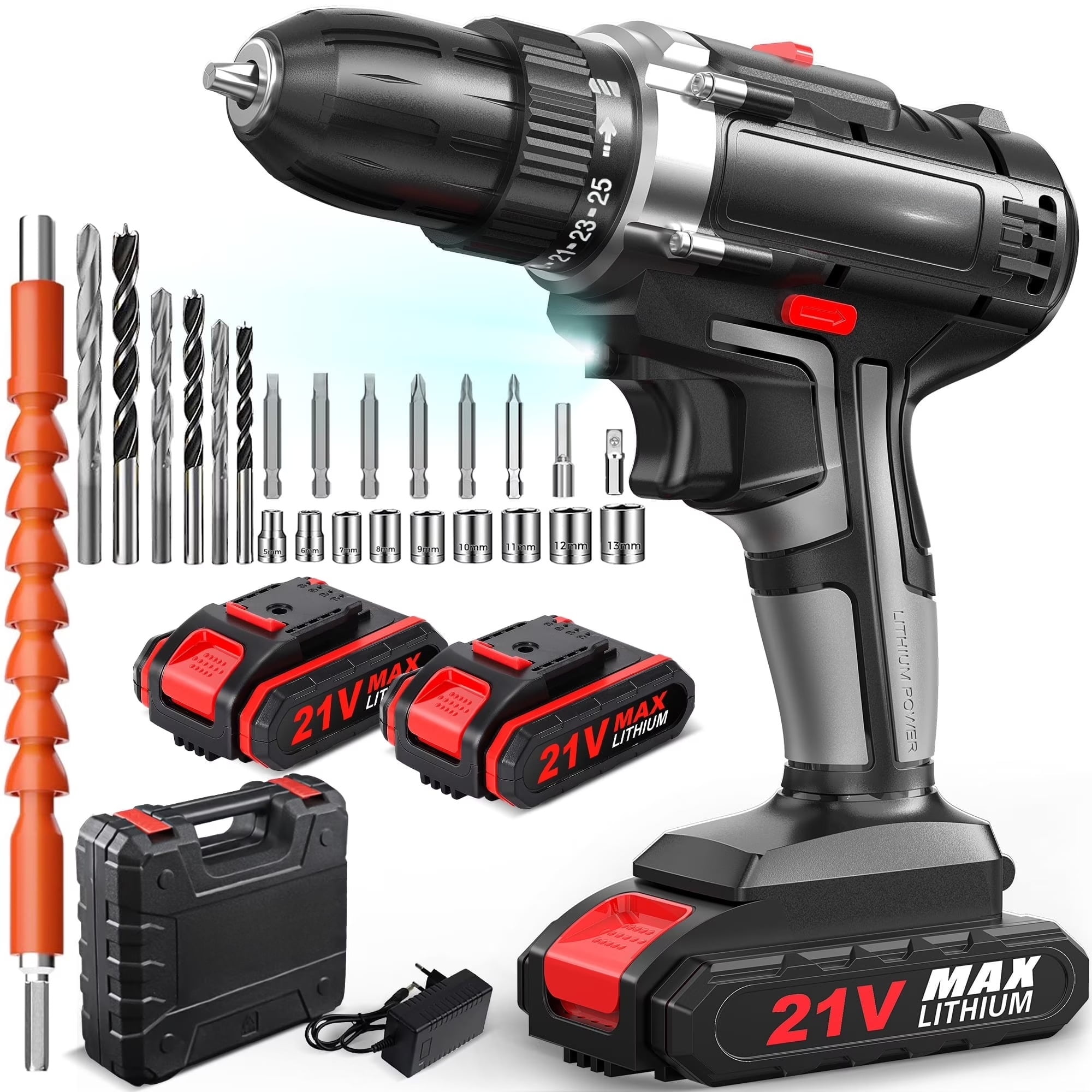 21V Cordless Drill, Power Drill Driver Set with 2 Batteries, 3/8 ...
