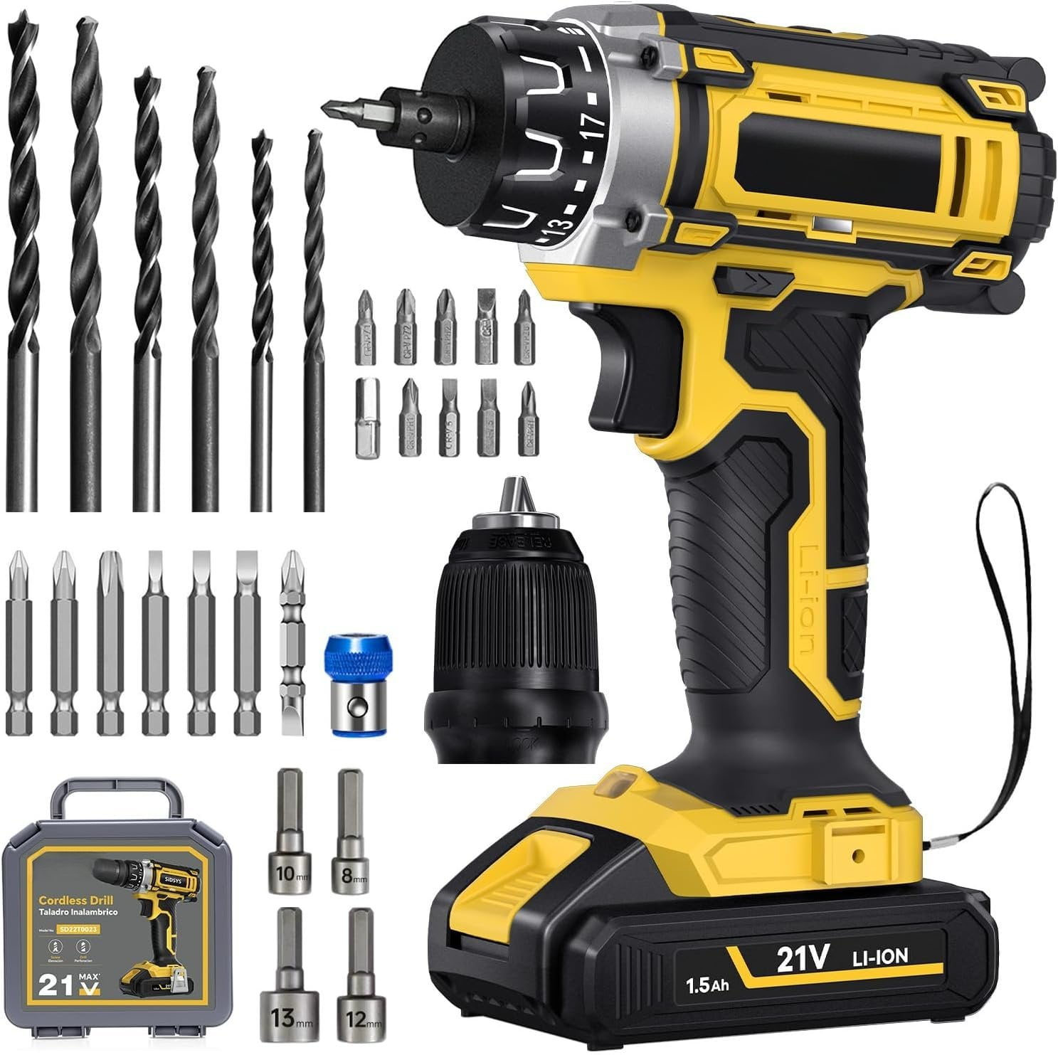 21V Cordless Drill Set, 3/8" Keyless Chuck Power Drill 17+1 Torque, 2 ...