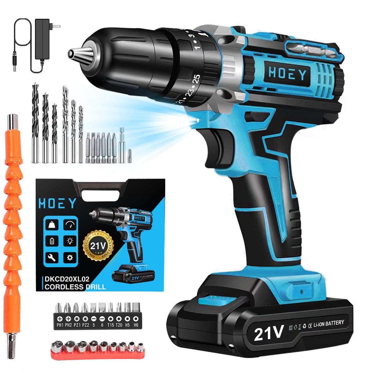 21V Cordless Drill Set, Electric Power Drill 34Pcs with 3/8 Inch ...