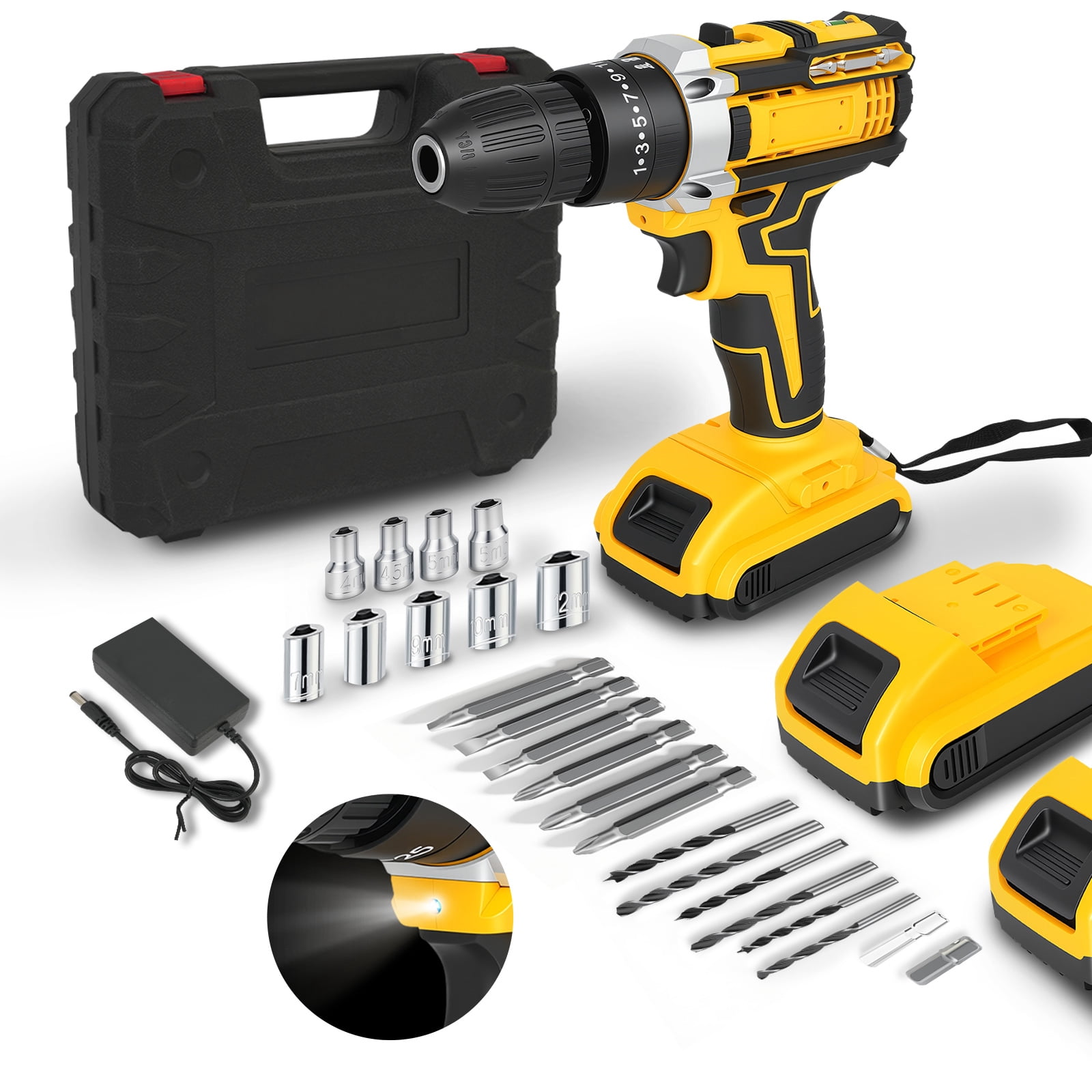 21V Cordless Drill Set, Electric Power Drill 50Nm with 3/8 Inch Keyless ...