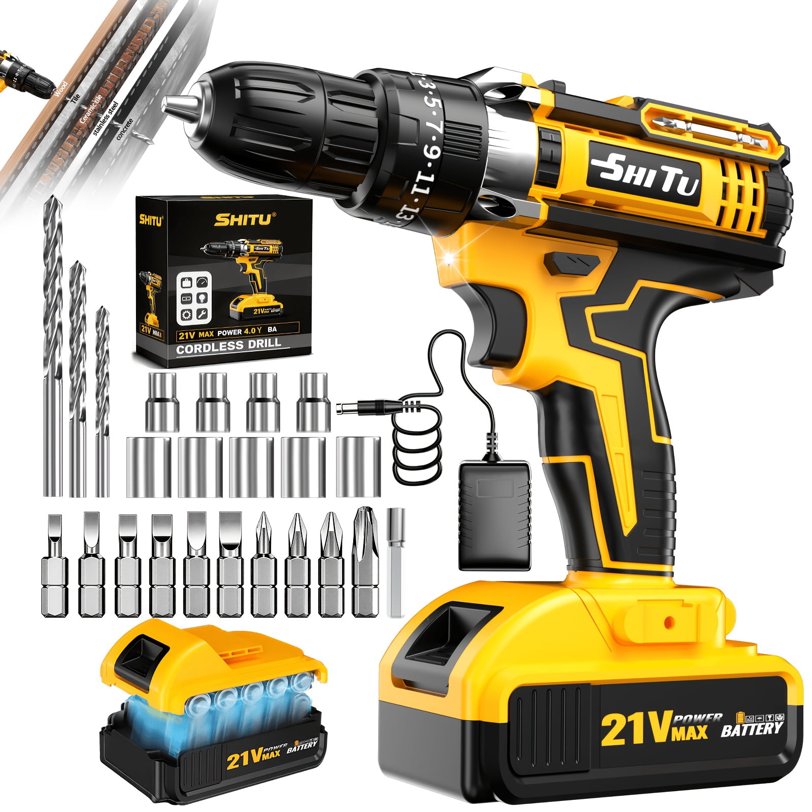21V Cordless Drill Set with Hand Tools, Full Rechargeable Power Drill ...
