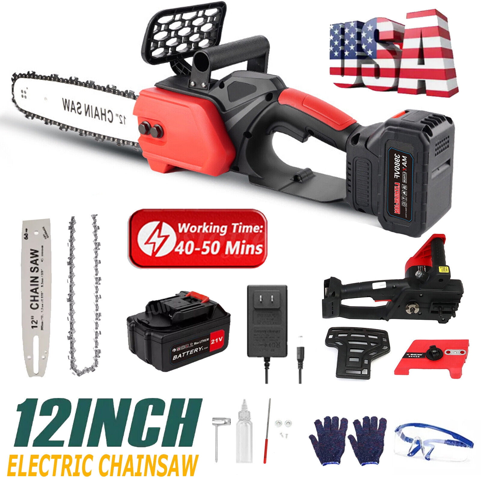 21V Cordless Electric Chainsaw, 12-Inch Mini Handheld Wood Cutter with ...
