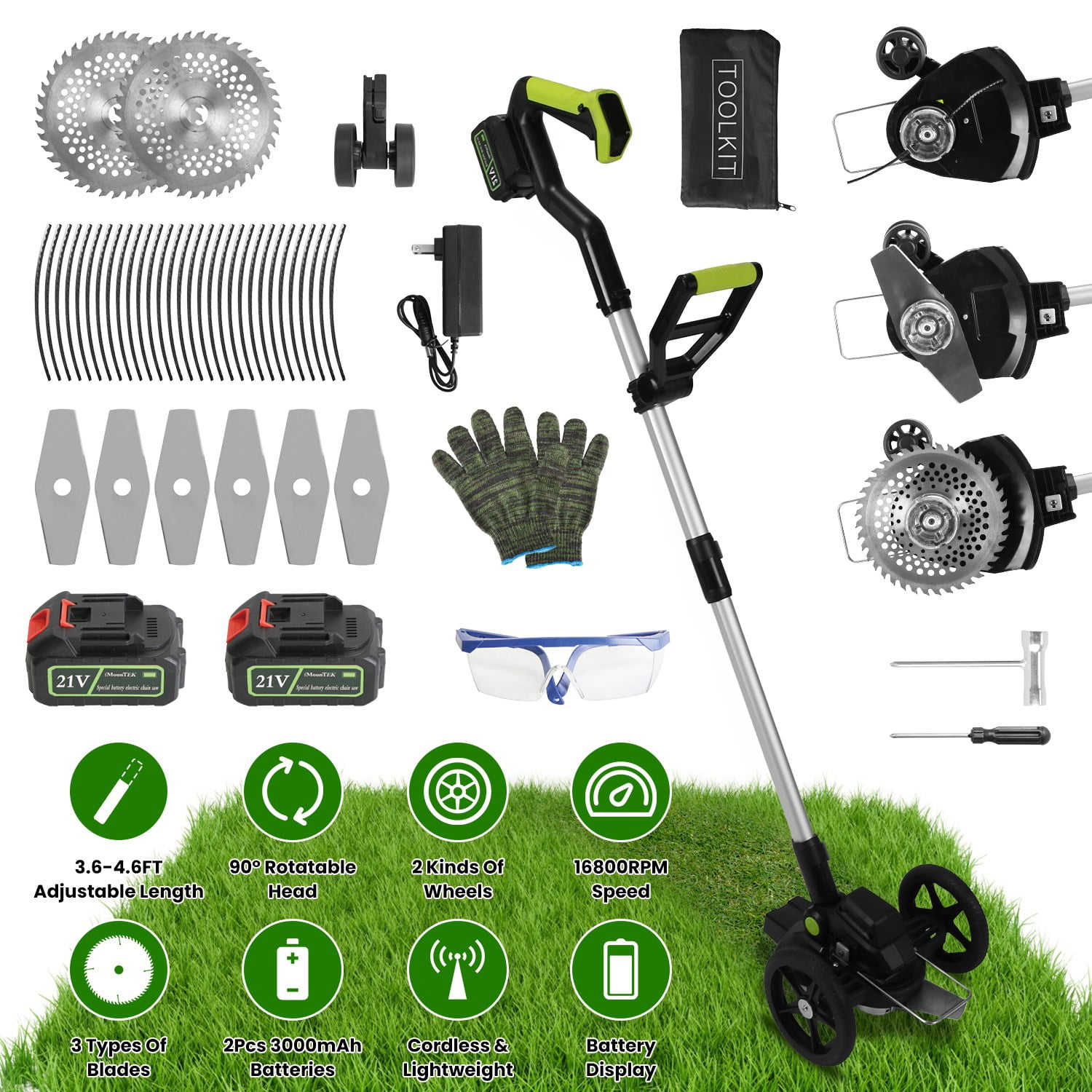 21V Cordless Electric Weed Edger & String Trimmer: 16800RPM, 2x3000mAh ...