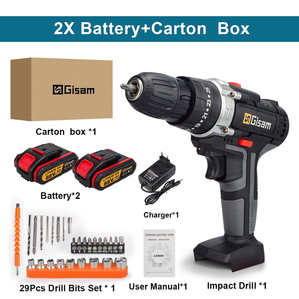 21V Cordless Impact Drill Electric Screwdriver Electric Hammer Drill ...