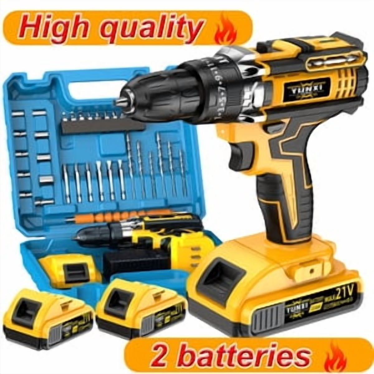 21V Cordless Impact Drill Set Adjustable Speed with LED Light 2PCS ...