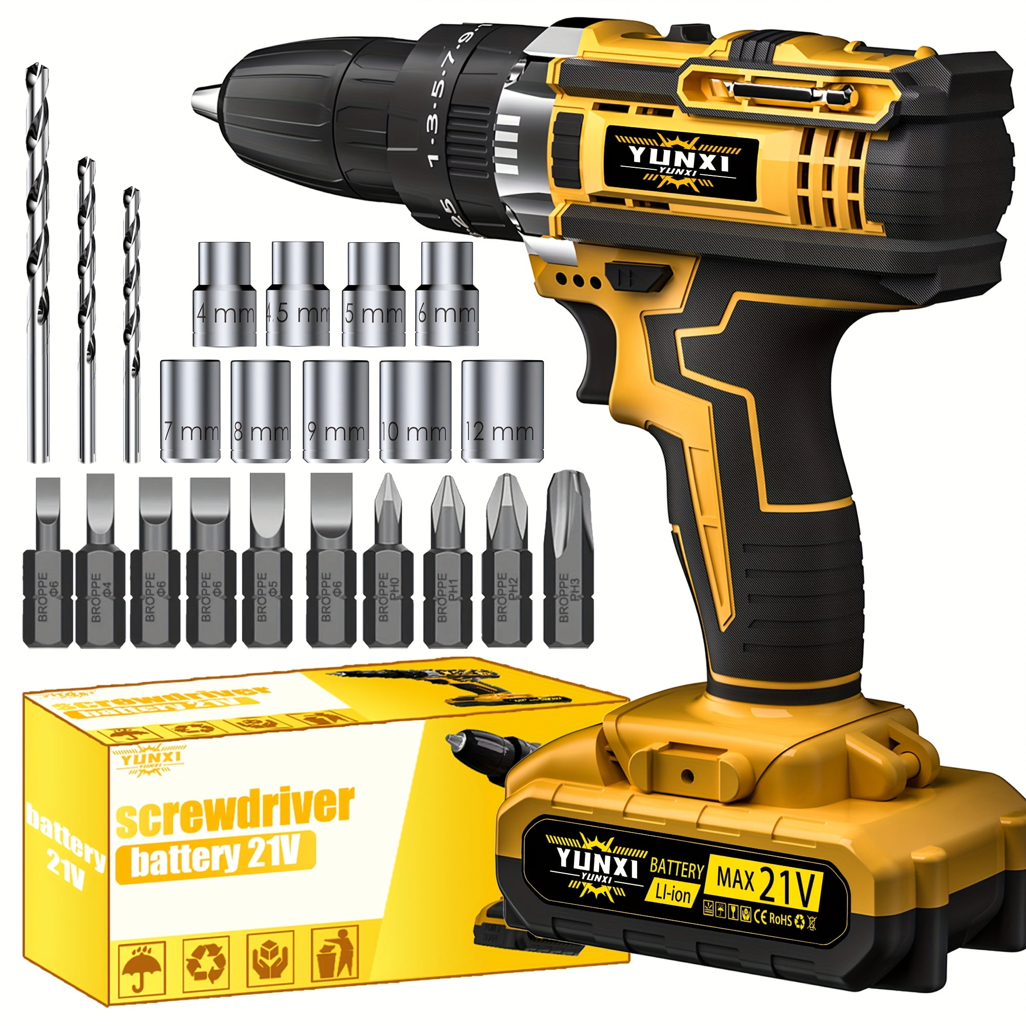 21V Cordless Impact Drill Set - Battery + Quick Charger + Drill Bits ...
