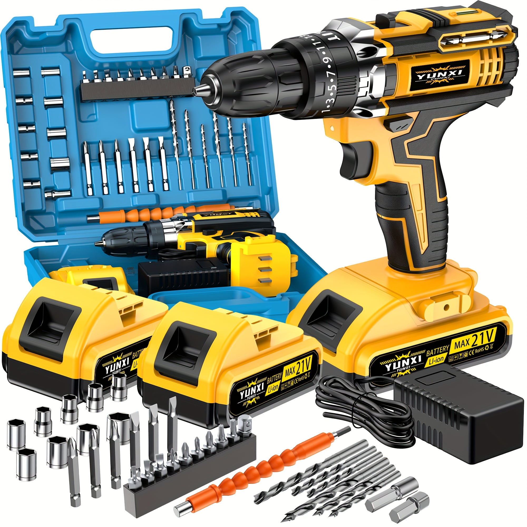 21V Cordless Impact Drill Set - Battery + Quick Charger + Drill Bits ...