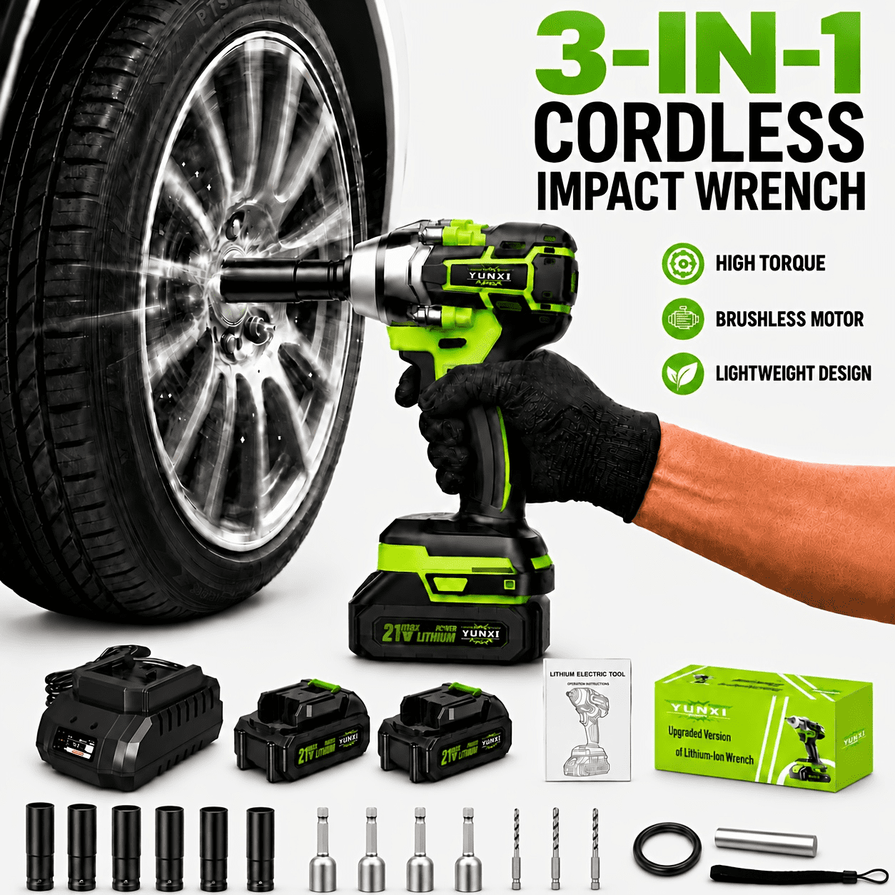 21V Cordless Impact Wrench with 2 Batteries, Brushless Motor Impact Gun ...