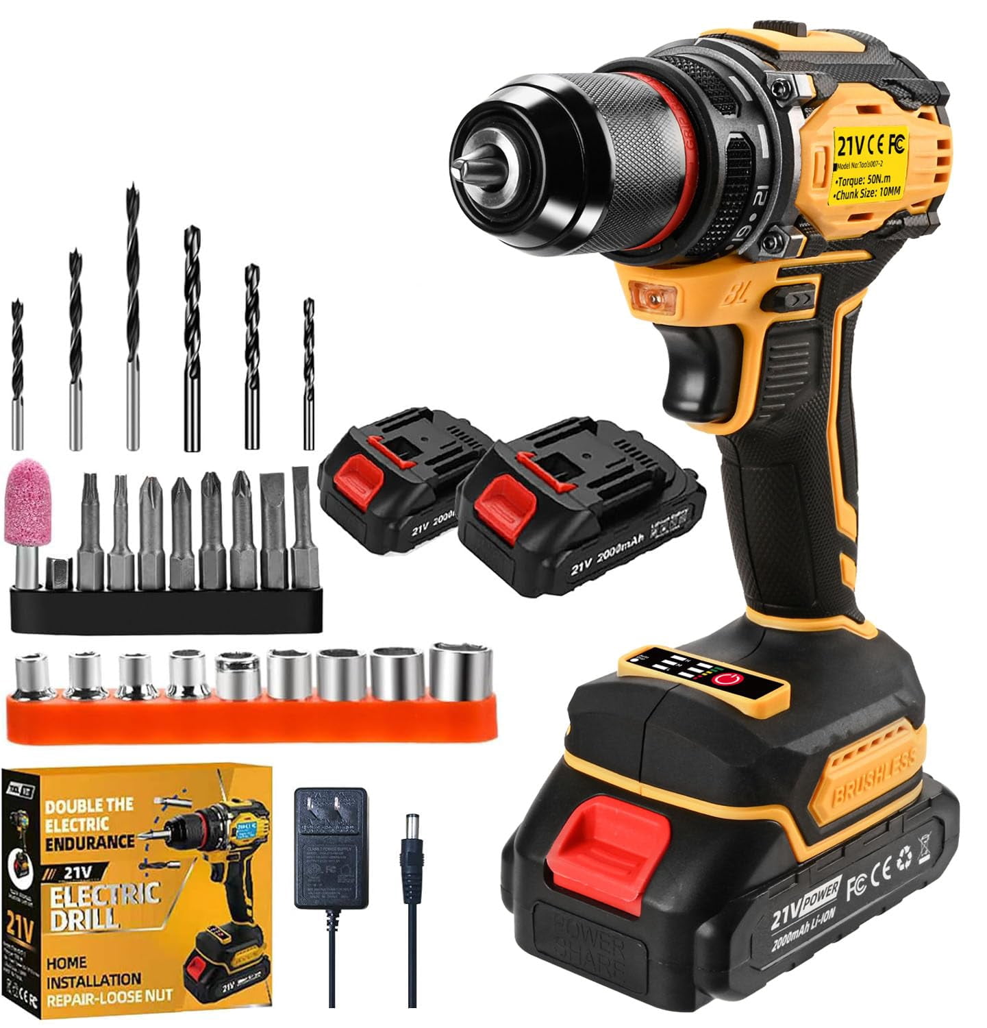 21V Cordless Power Drill/Driver Set, 2 Variable Speeds with LED Light ...