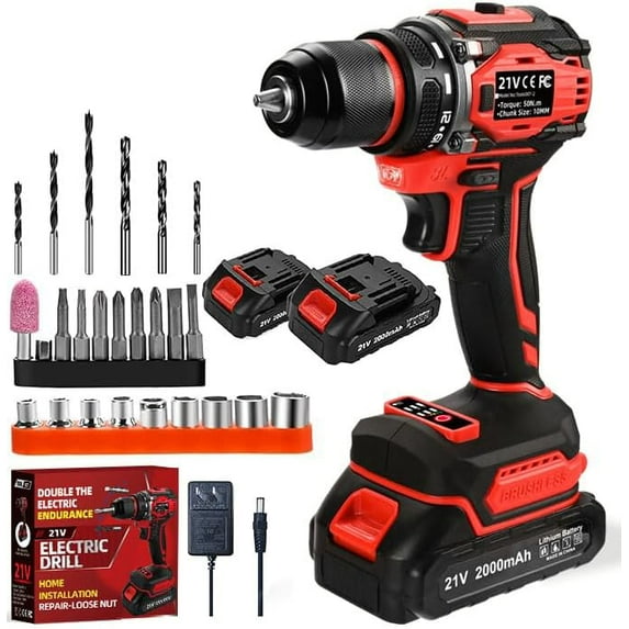21V Cordless Power Drill/Driver Set, 2 Variable Speeds with Light, 3/8 ...