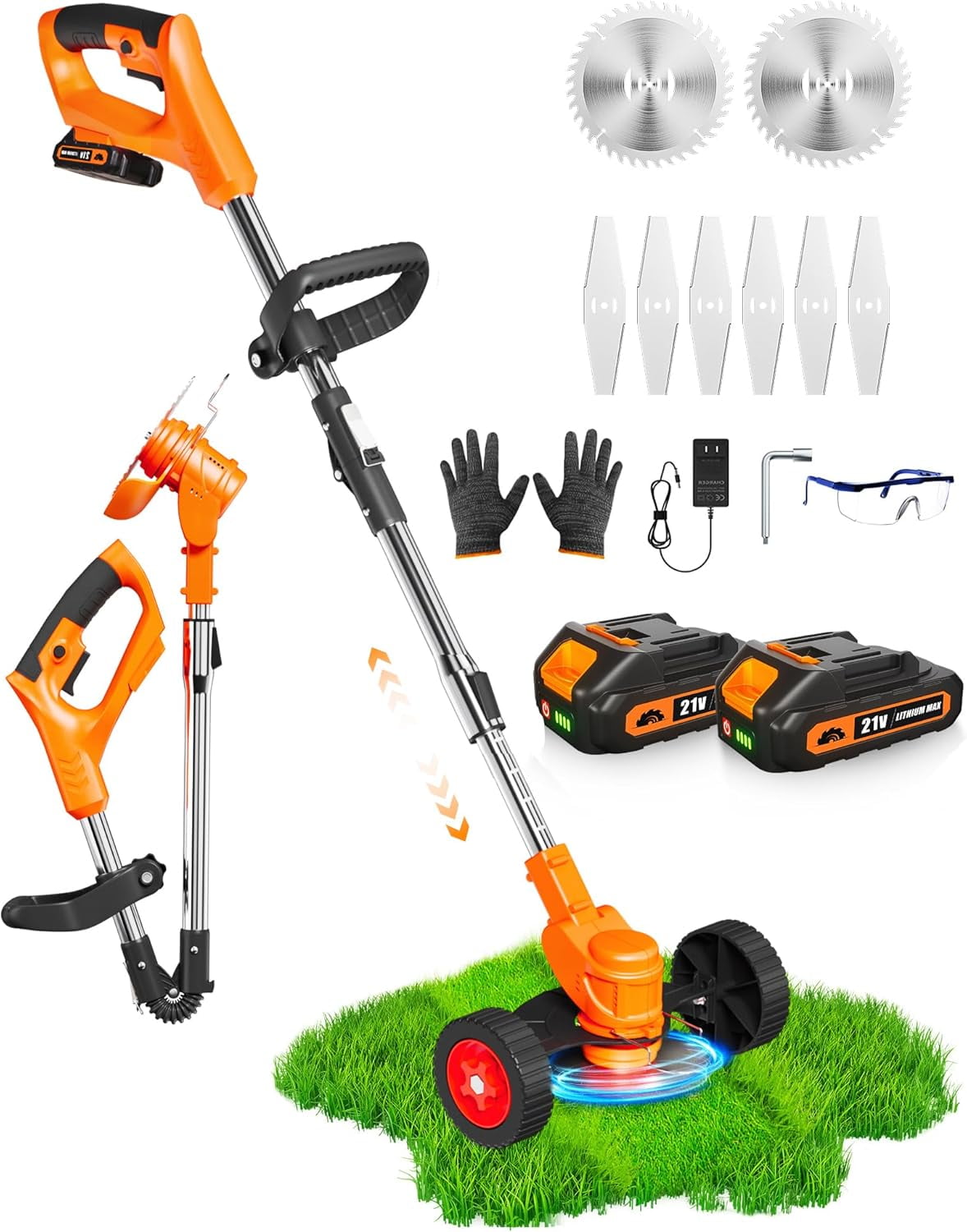 21V Cordless Weed Wacker: 2 Batteries, 3-in-1, 2 Types Blades & Wheels ...