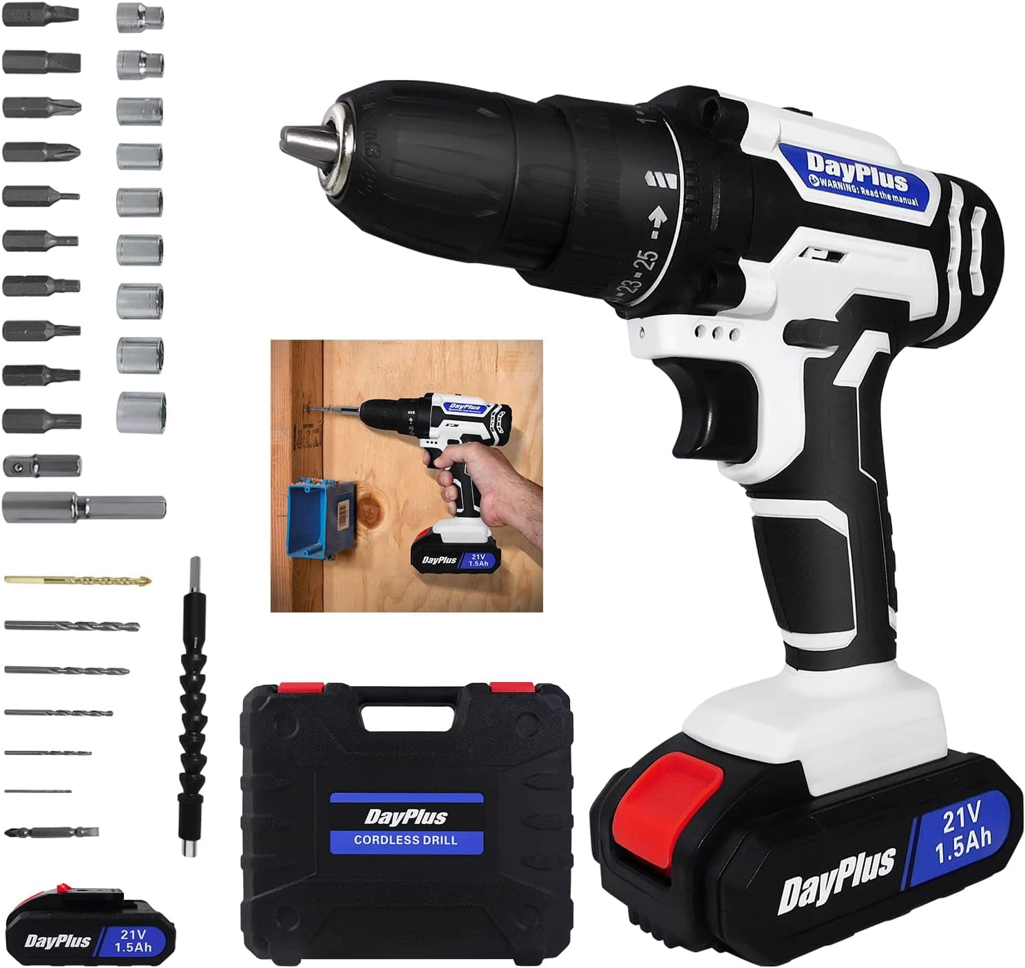 21V MAX Cordless Drill Set, 3/8” Keyless Chuck, Electric Power Drill ...
