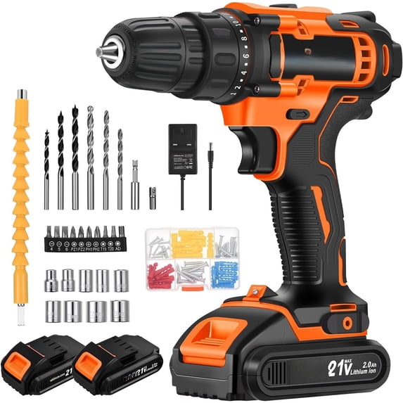 21V Power Drill Set, Cordless Drill with 2 and , 3/8'' Keyless Chuck ...