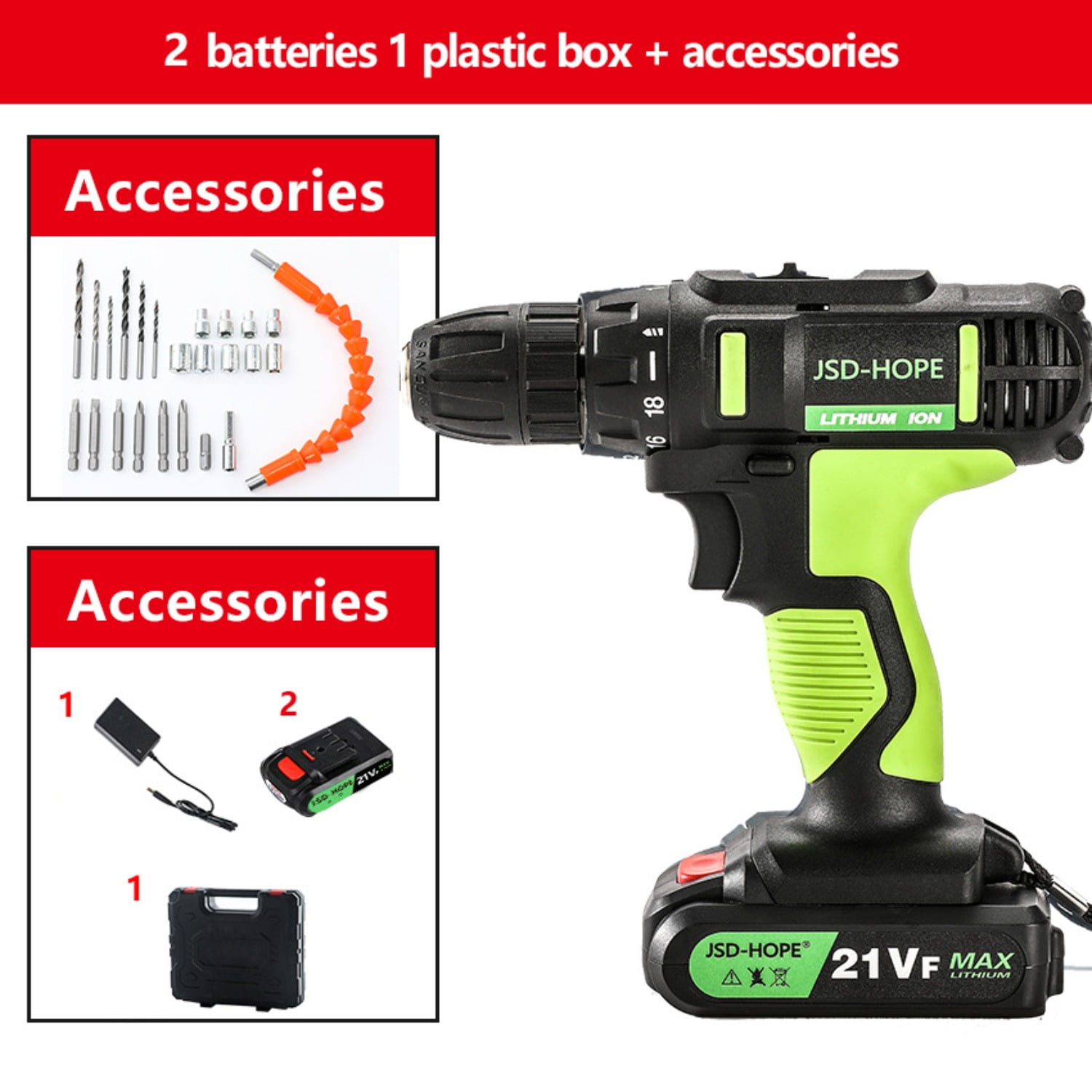 21VF Cordless Drill/Driver, 2-Speed Lithium-Ion with Impact Function, 3-in-1 Electric Power Tool ...