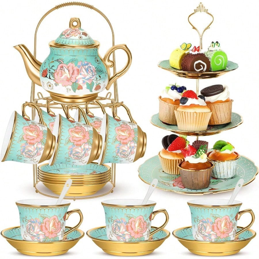 21pcs Porcelain Teapot Parties Set With Metal Holder And Cupcake Stand ...