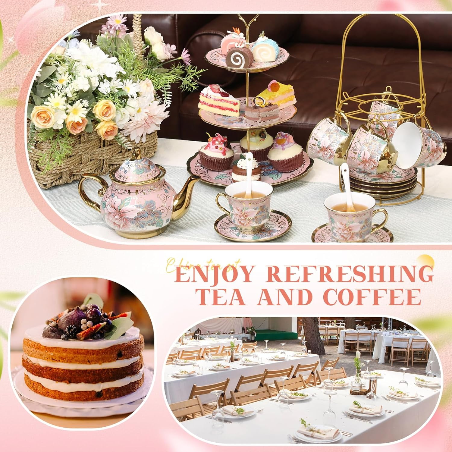 21pcs Porcelain Teapot Set with Metal Holder and Cupcake Stand Ceramic ...