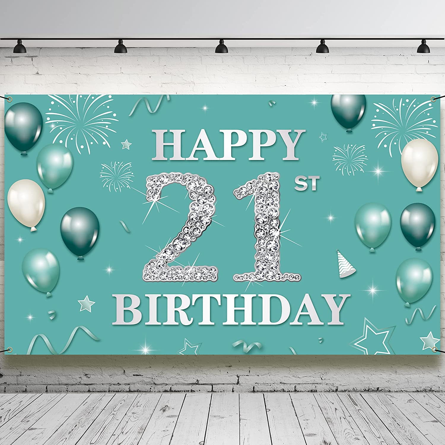 21st Birthday Backdrop Banner, Teal Silver Happy 21st Birthday ...