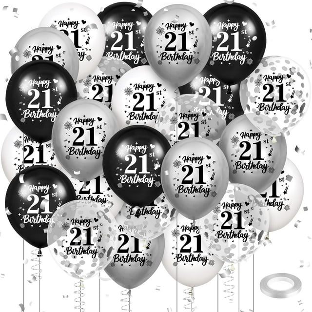 21st Birthday Balloons Decorations Black White Silver 24pcs Happy 21st ...