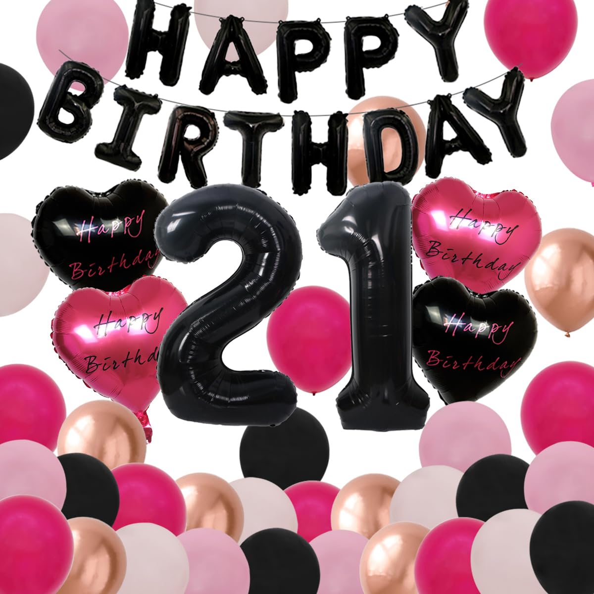 21st Birthday Decorations for Her Black Pink H2FSD21st Decorations for Women, Black 21 Balloon ...