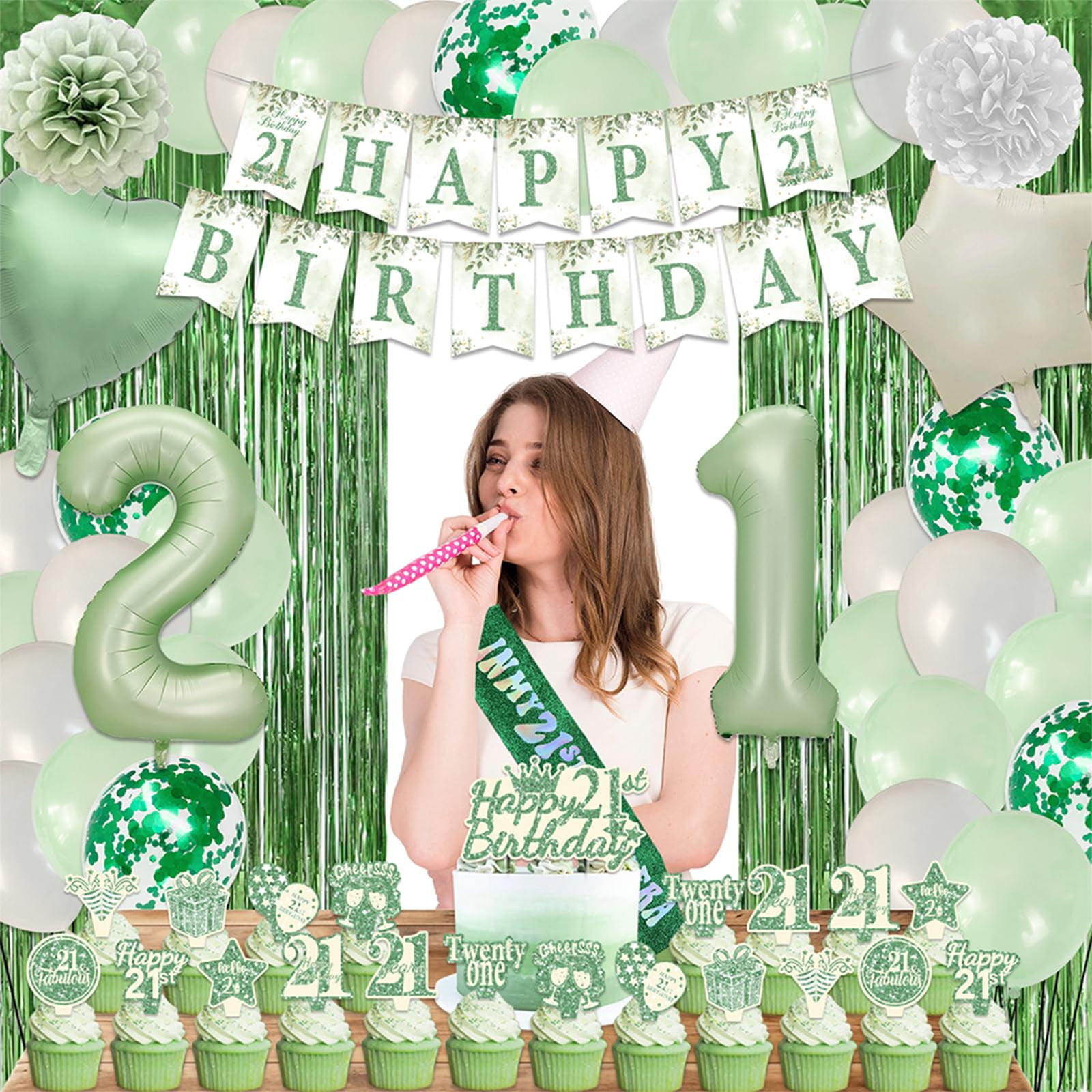 21st Birthday Decorations, Happy OIF8 21st Birthday Decorations for Her Sage Green Balloons Sash ...