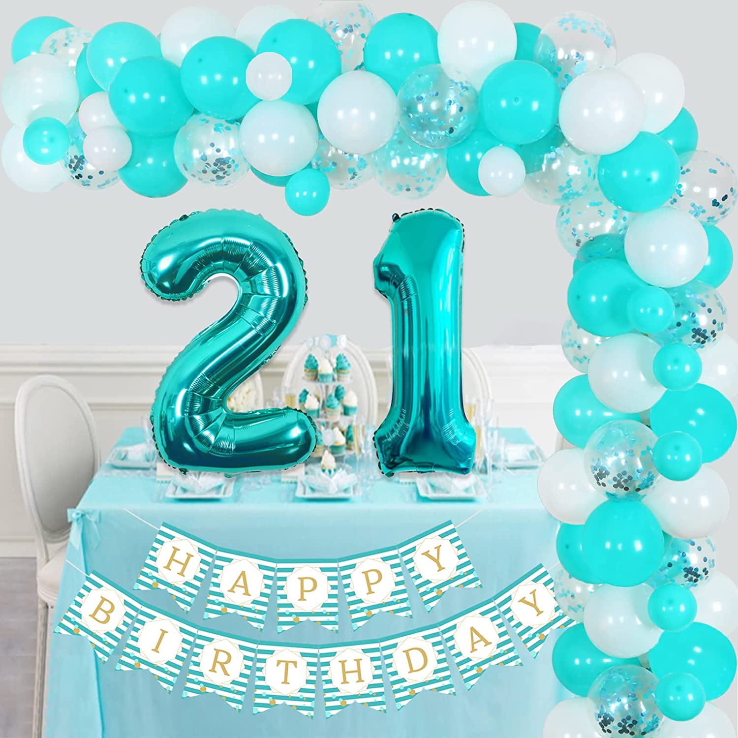 21st Birthday Decorations for Her Teal Blue and White Balloon Garland ...