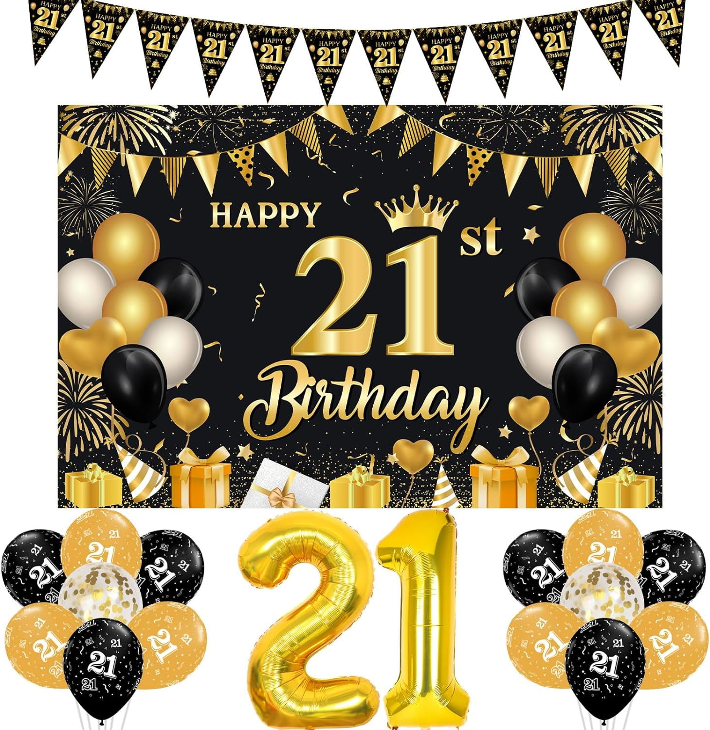 21st Birthday Decorations for Him, Happy 21st Birthday Backdrop Banner, Black Gold Birthday ...