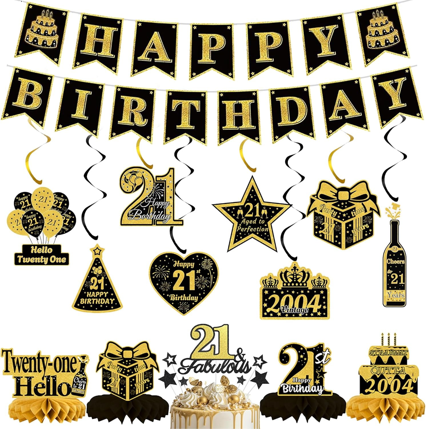 21st Birthday Decorations Kit for Women Men - 21 Pcs Black Glod Happy ...
