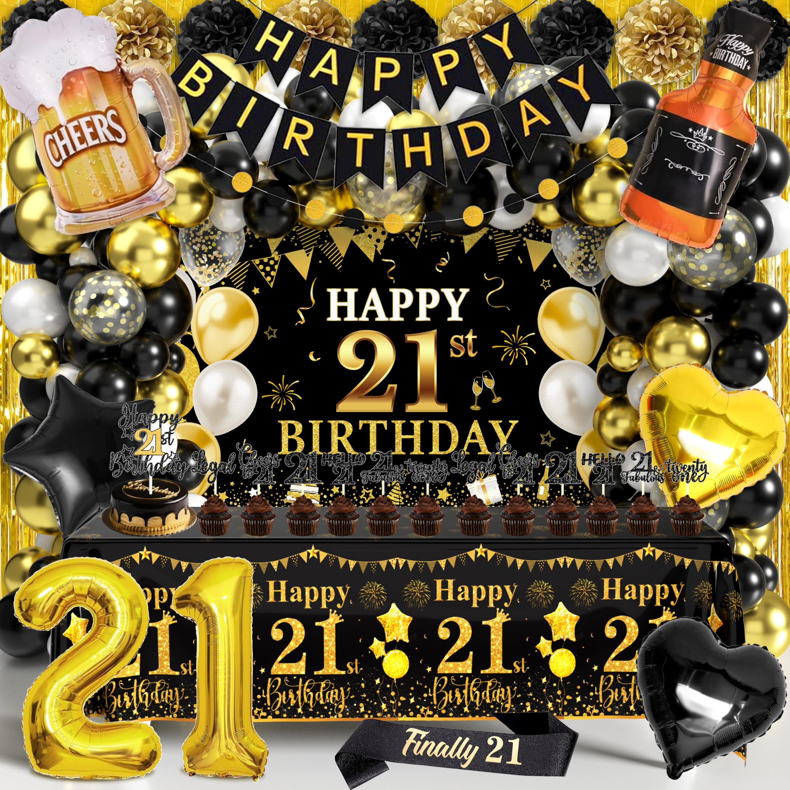 21st Birthday Decorations for RRF12 Him Men, Black Gold Happy 21st Birthday Decor with Balloon ...