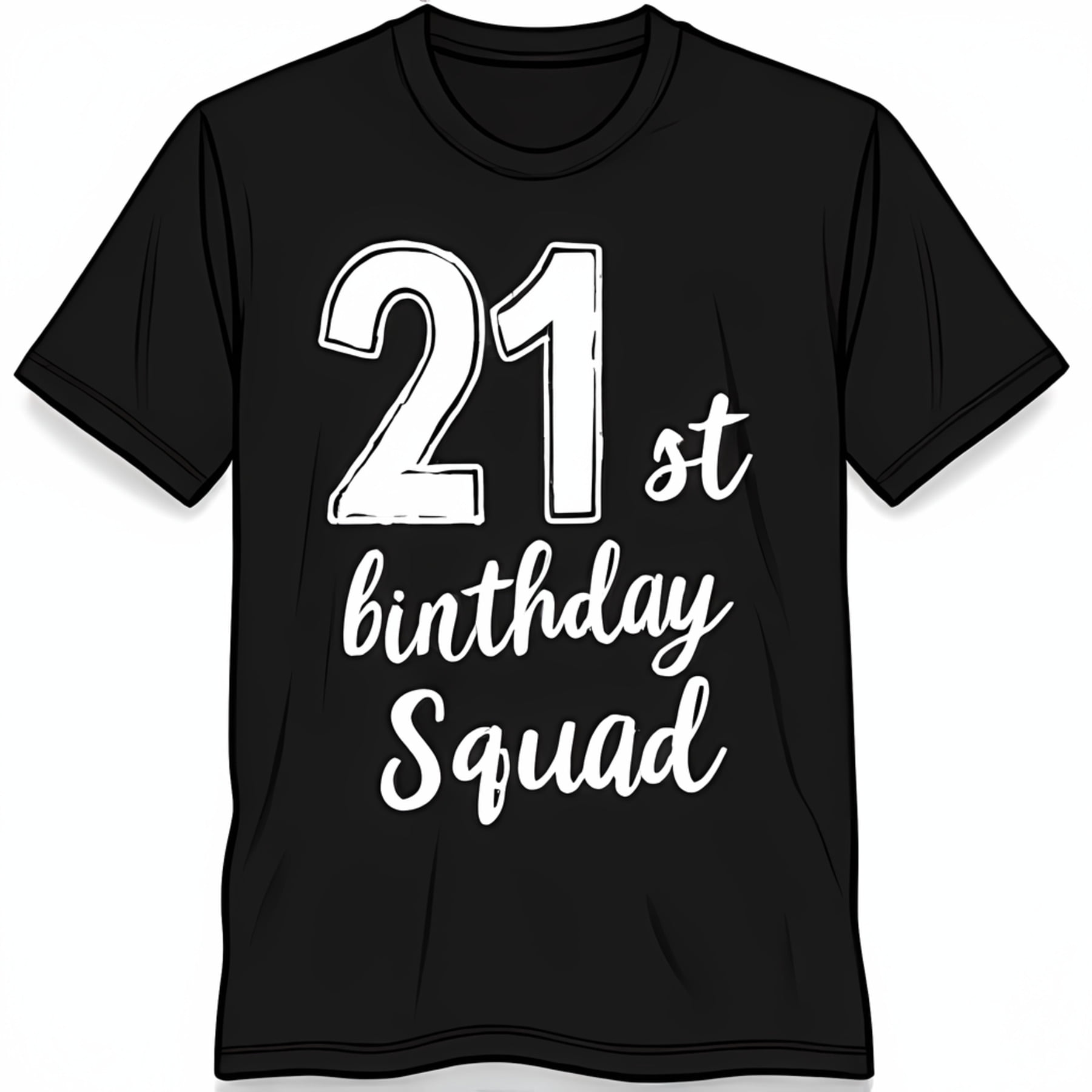 21st Birthday Squad Black T-Shirt Bold 21 Design with Cursive Text for ...