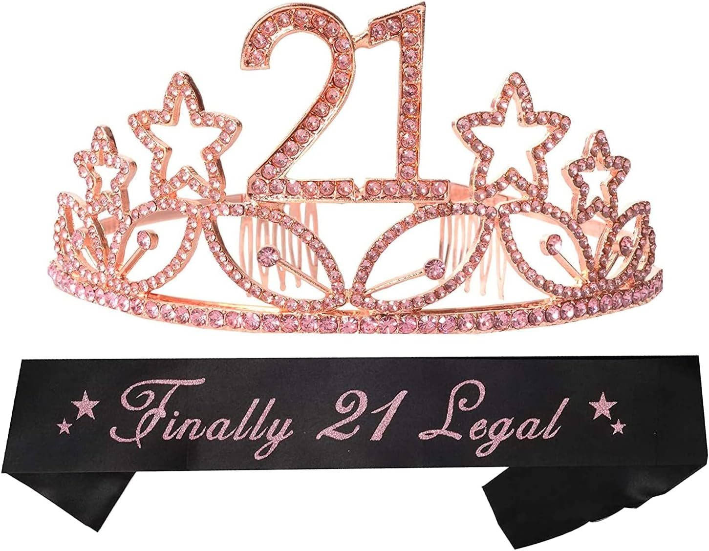 21st Birthday Women's Set: Glitter Sash + Rhinestone Tiara, Pink Metal ...