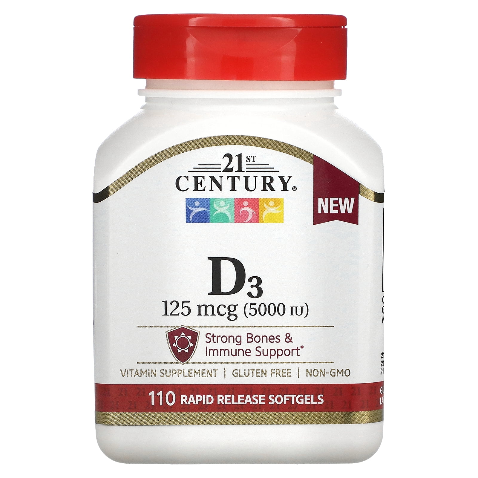 21st Century Vitamin D3, 125 mcg (5,000 IU), 110 Rapid Release Softgels ...