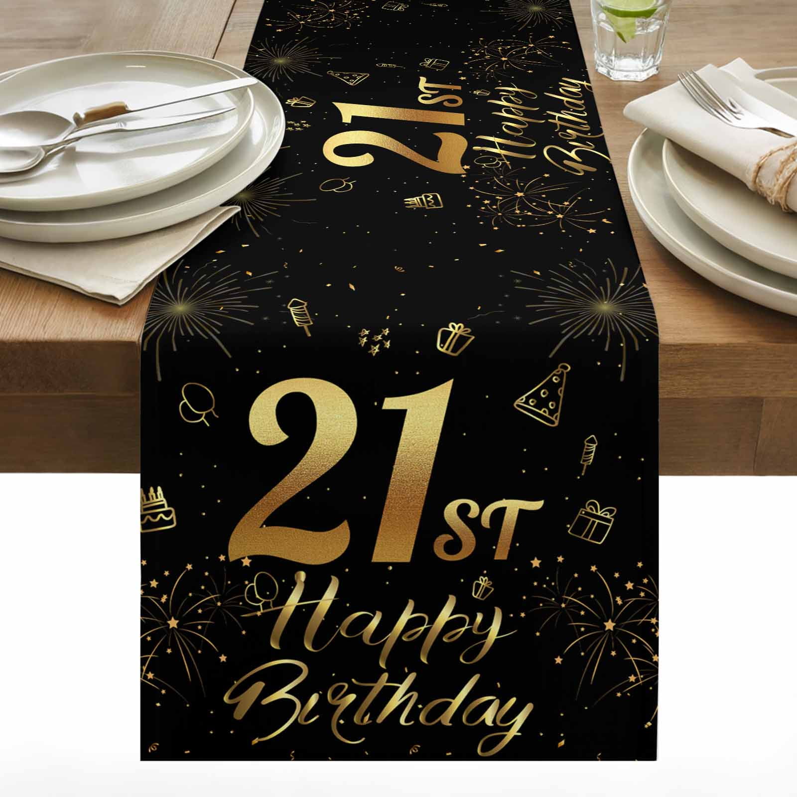21st Happy Table Runner 13x60 inch Birthday Gold Cake Gift Black Cotton ...