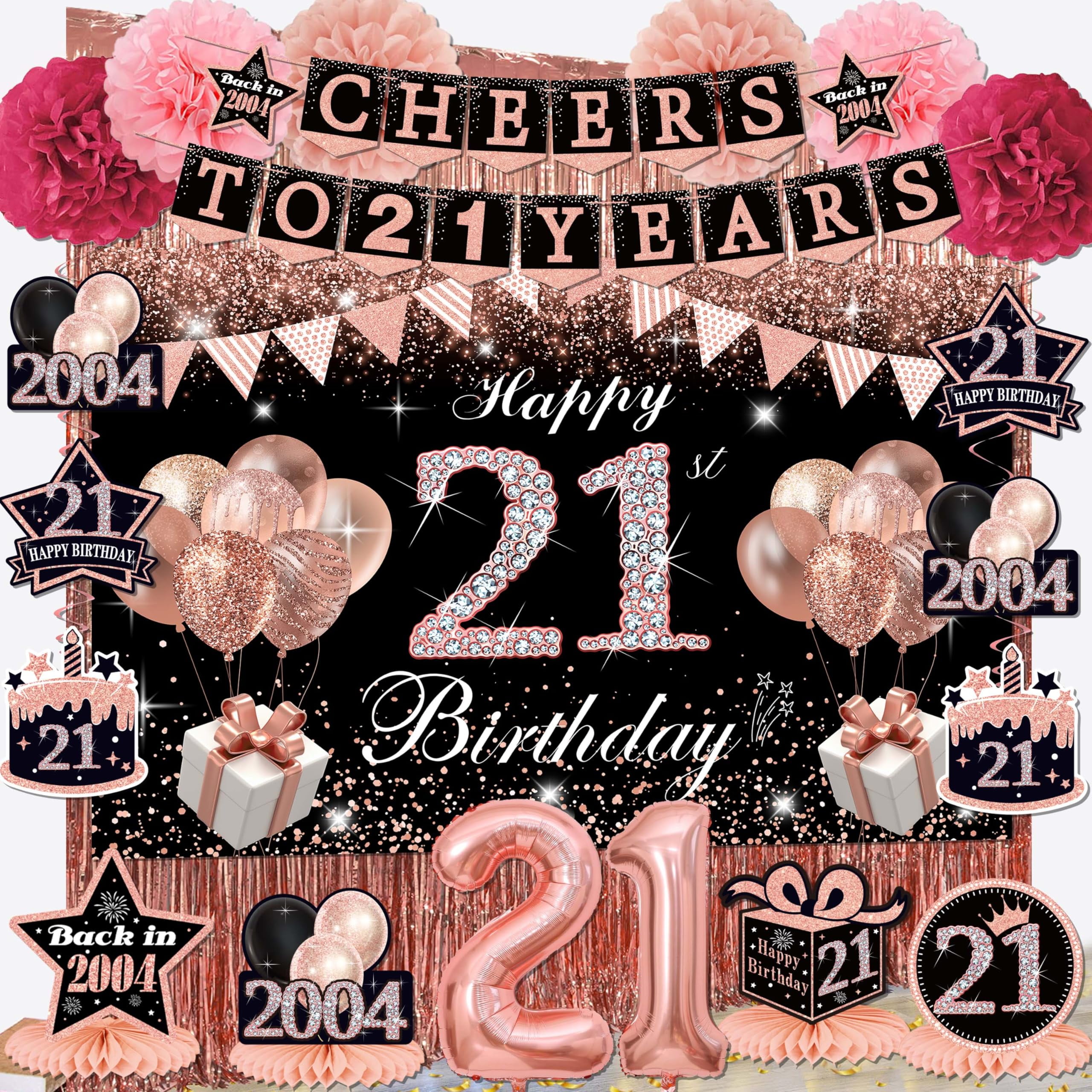 21st birthday decorations for OIF8 her,black rose gold cheers 21 years ...