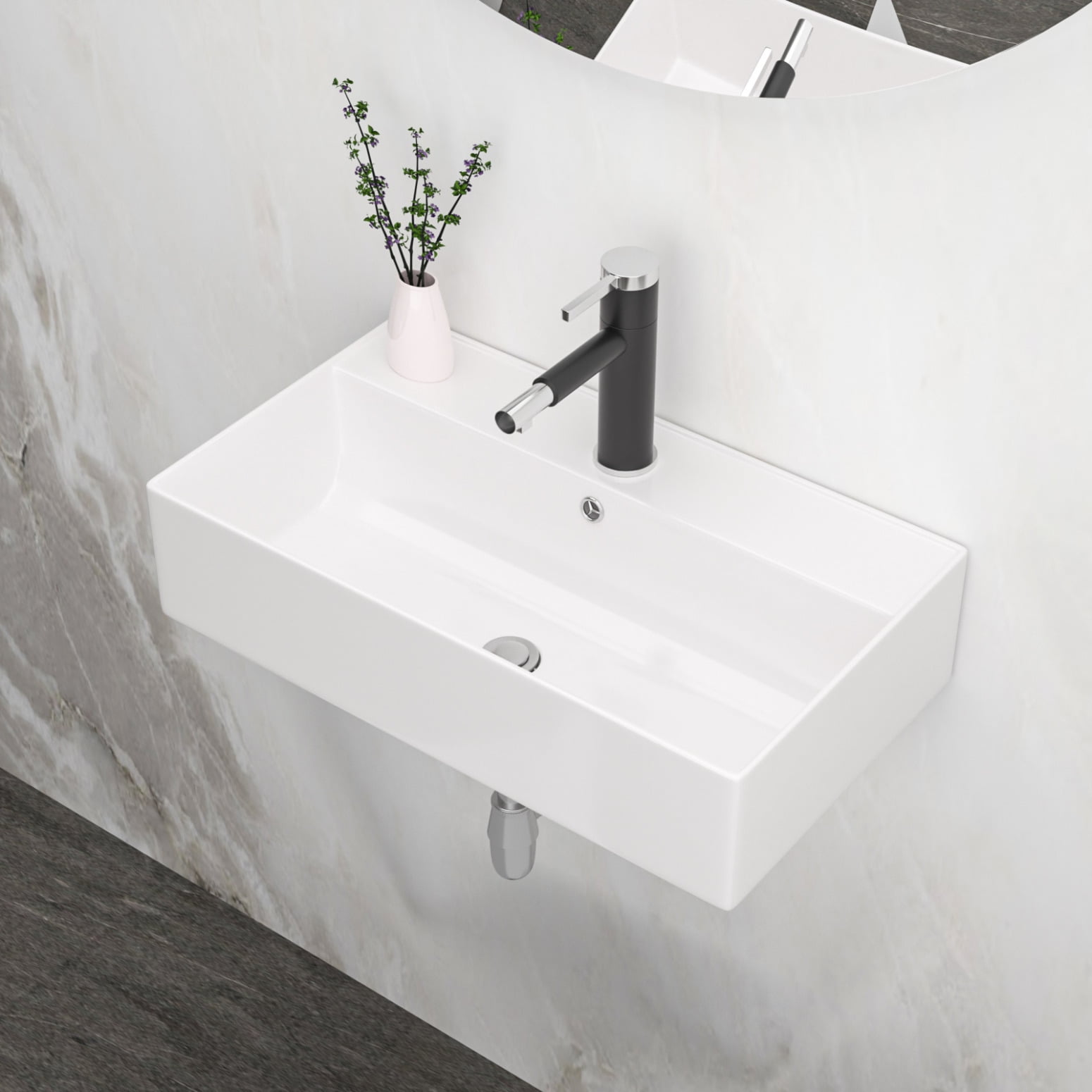 21x12 Inch White Ceramic Rectangular Wall Mount Floating Bathroom Sink ...