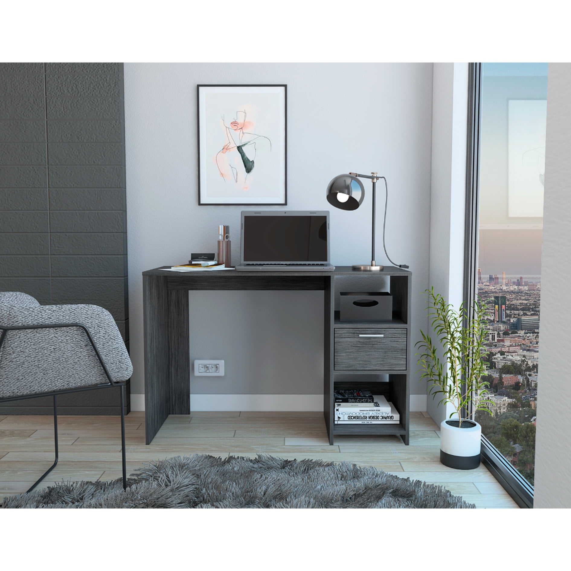 22.04 In. Wide Gray Computer Desk With Drawer Storage Built-in And ...
