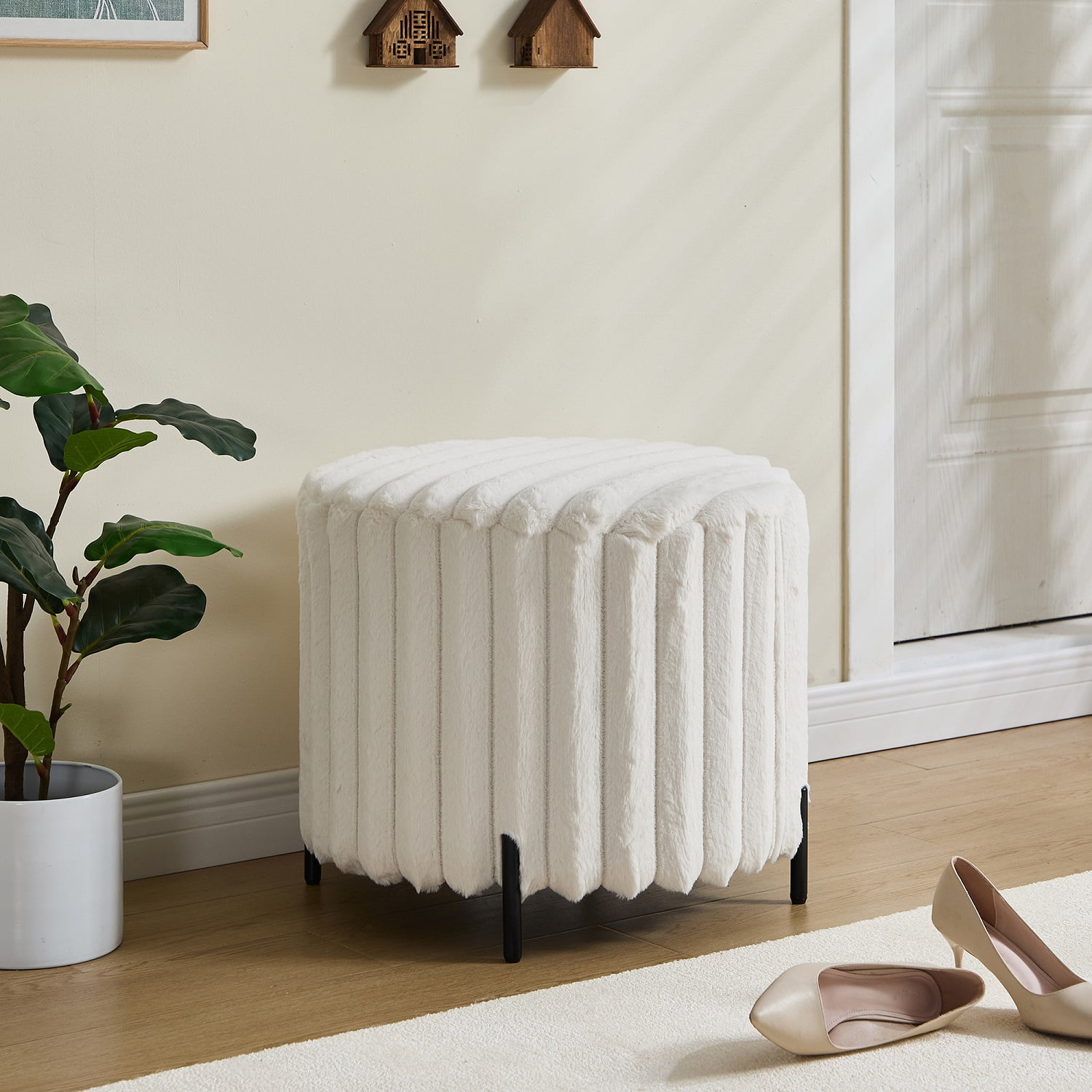 22.05" Thick Corduroy Round Padded Footrest with Black Metal Legs for ...