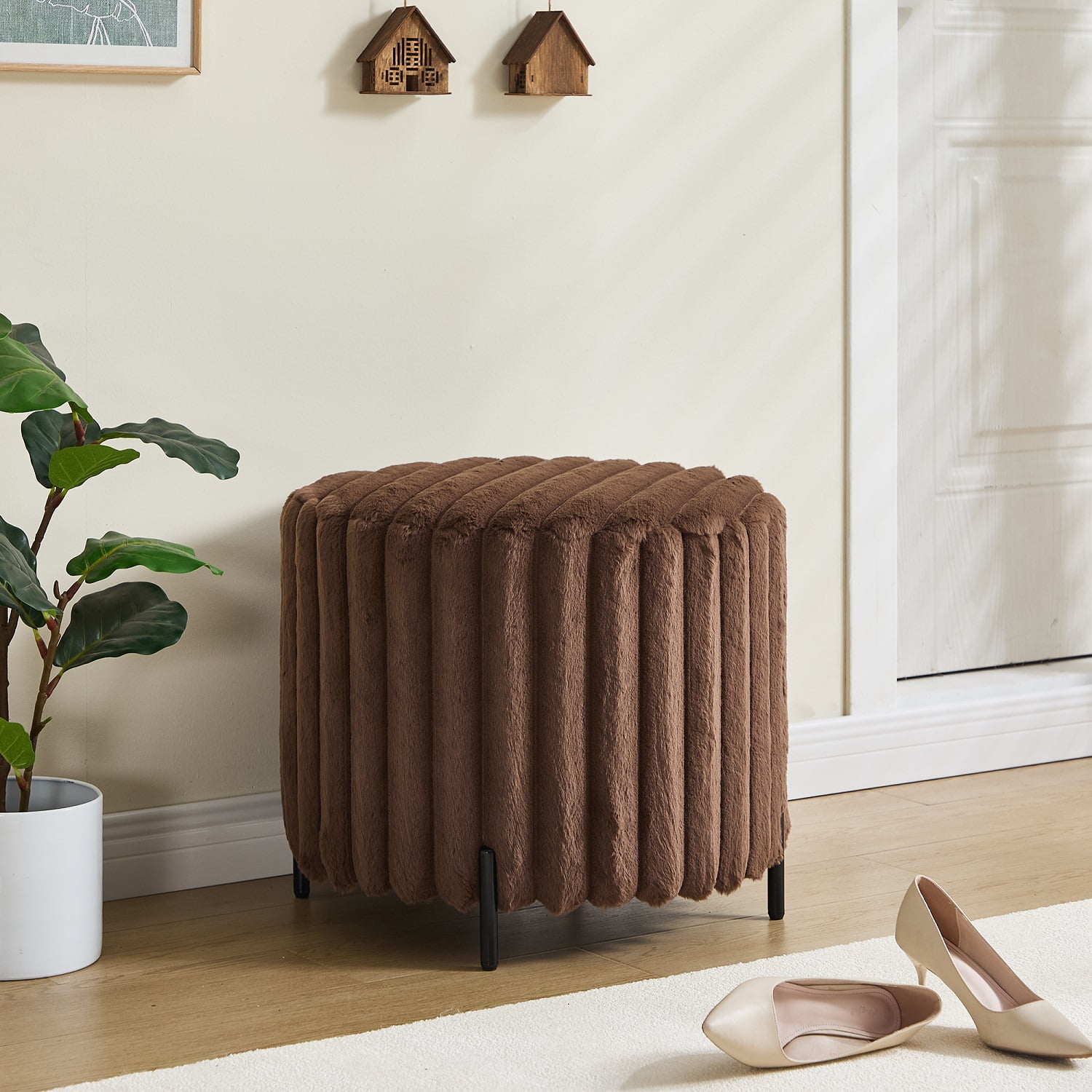 22.05" Thick Corduroy Round Padded Footrest with Black Metal Legs for ...