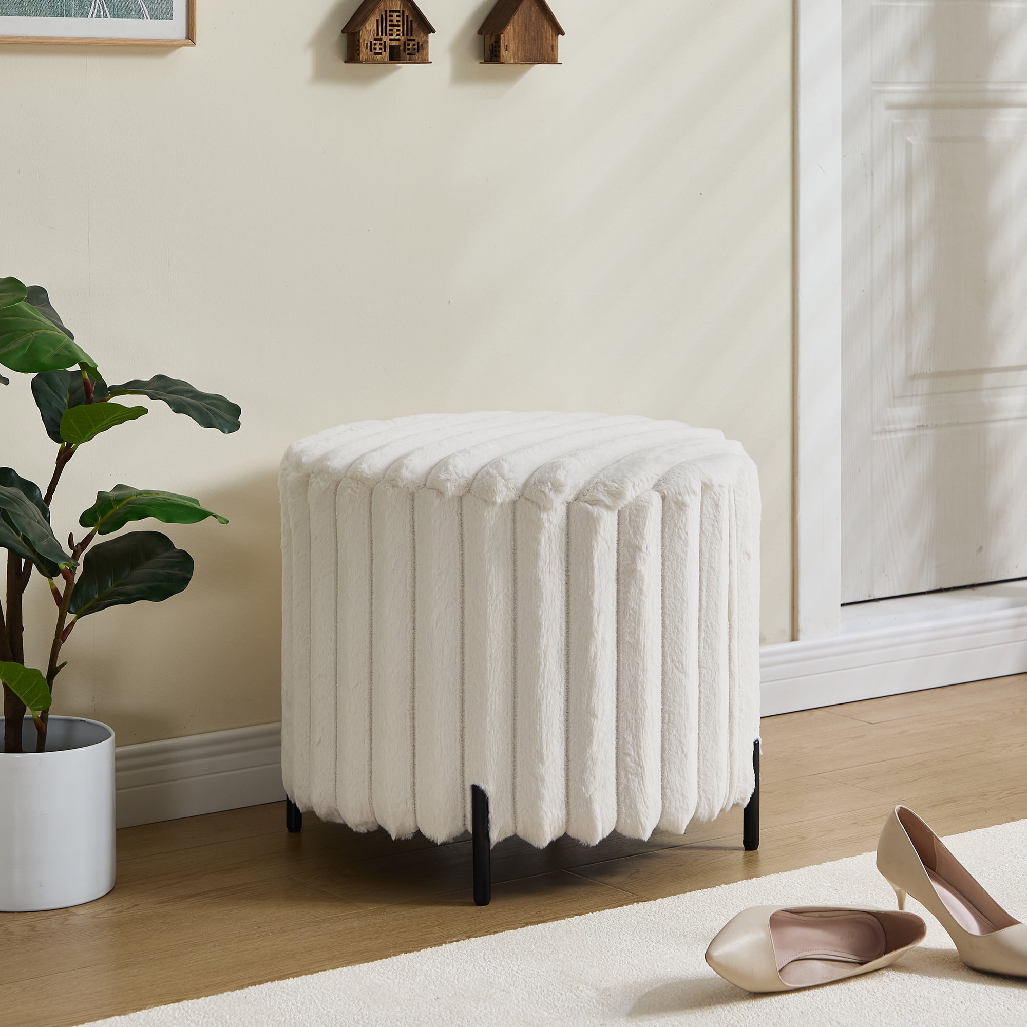 22.05"Wide Upholstered Round Pouf Ottoman Foot Rest with Black Metal ...