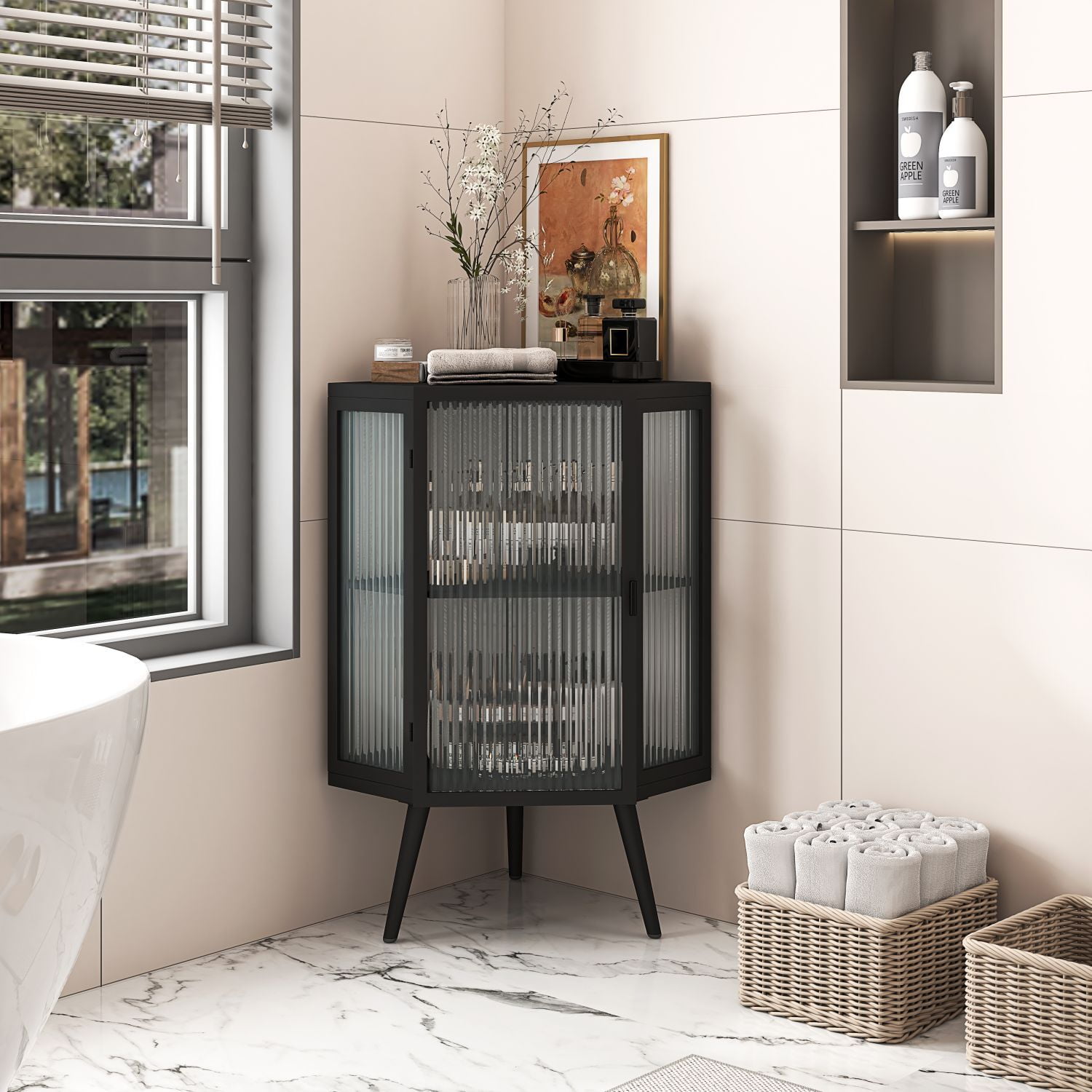 22.25" Floor Corner Bathroom Storage Cabinet with Tempered Glass Door ...