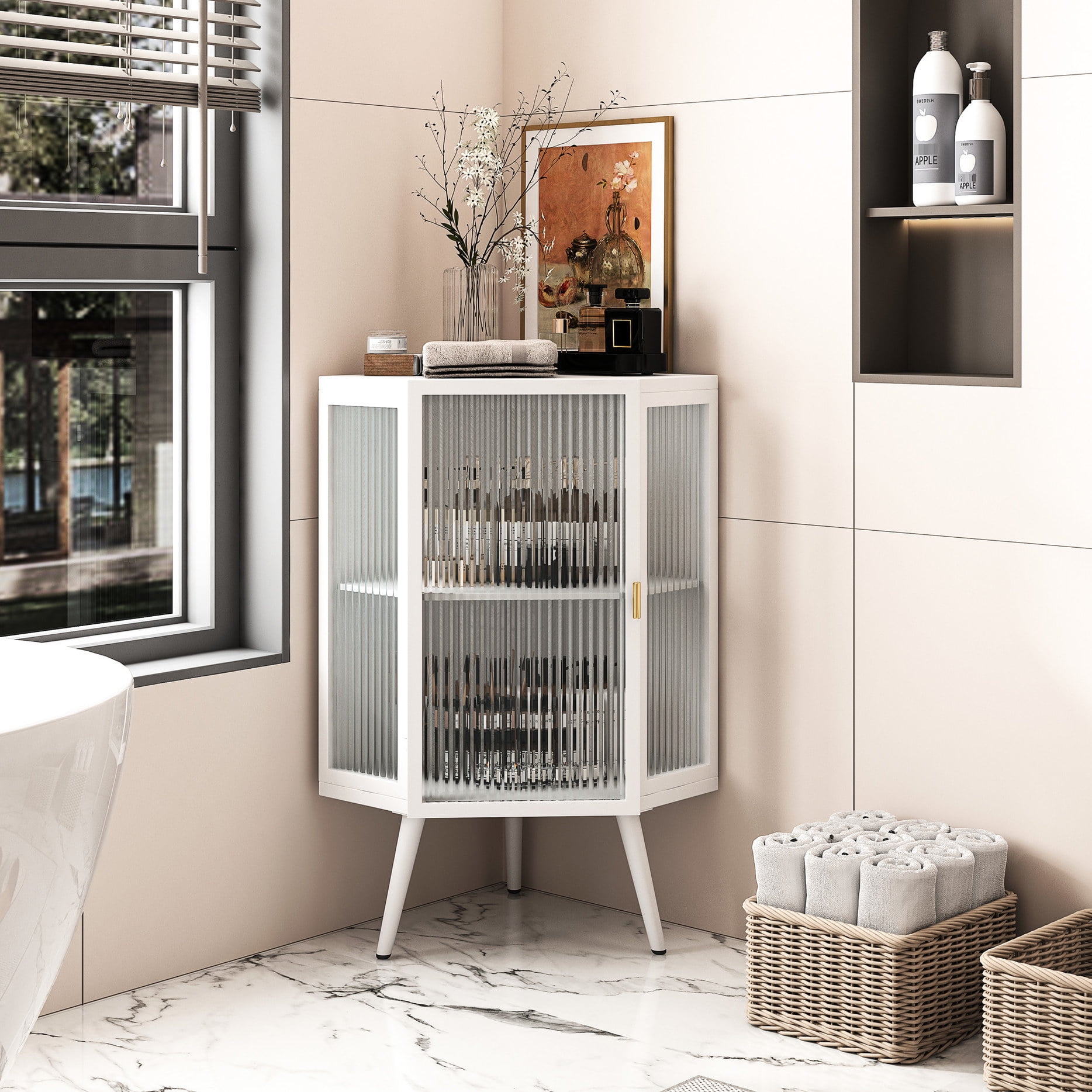 22.25" White Corner Storage Cabinet with Easy - to - Clean Surface ...