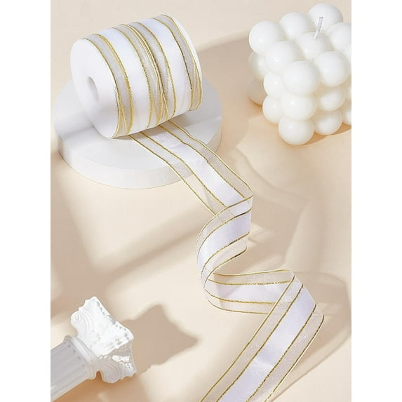 22~25 Yards Solid Color Organza Ribbons Golden Wired Edge Ribbon Snow ...