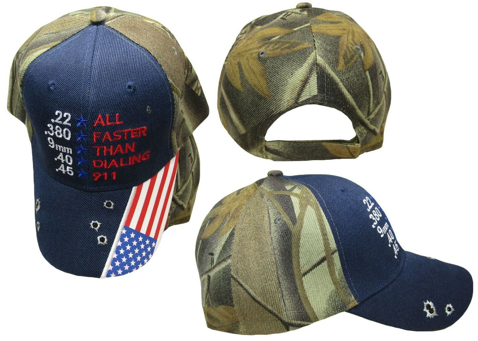 .22 .380 9mm .40 .45 All Faster Than Dialing 911 Navy Blue Camo Hat Cap ...